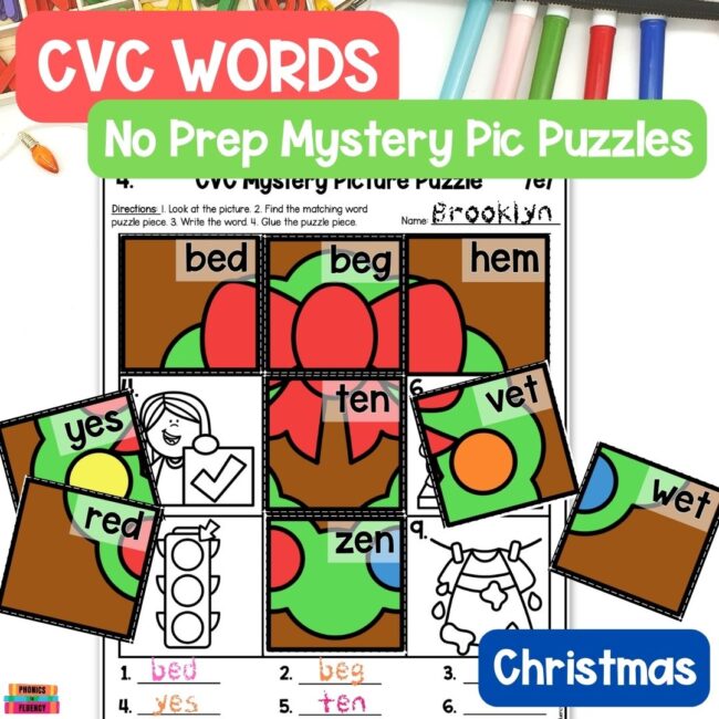 Christmas CVC Mystery Picture Puzzles Kindergarten CVC Activities ...