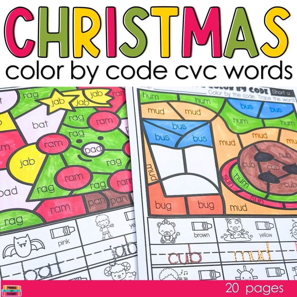 Kindergarten 1st Christmas CVC Worksheets Color By Code - Phonics to ...