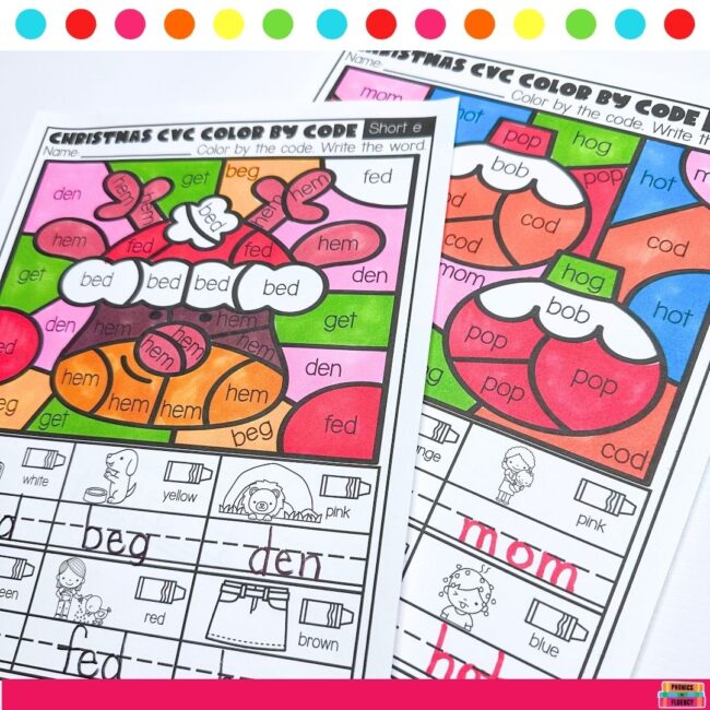 Kindergarten 1st Christmas CVC Worksheets Color By Code - Phonics to ...