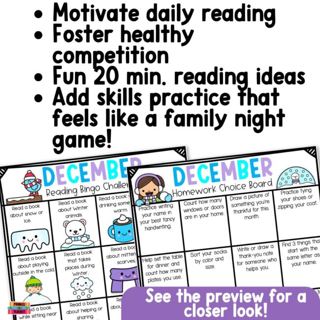 Kindergarten December Reading Log with Parent Signature Homework Choice ...
