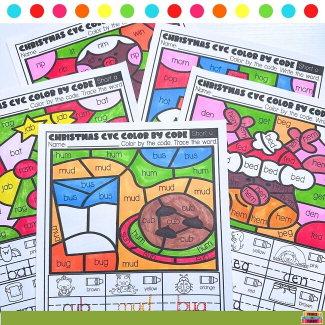 Kindergarten 1st Christmas CVC Worksheets Color By Code - Phonics to ...